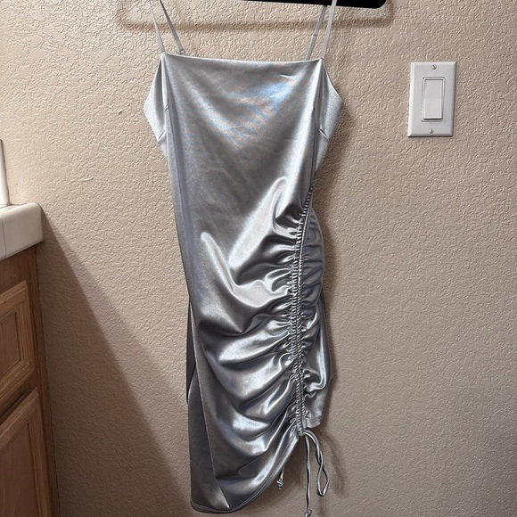Dresses | Blue Chrome Ruched Mini Dress | Poshmark